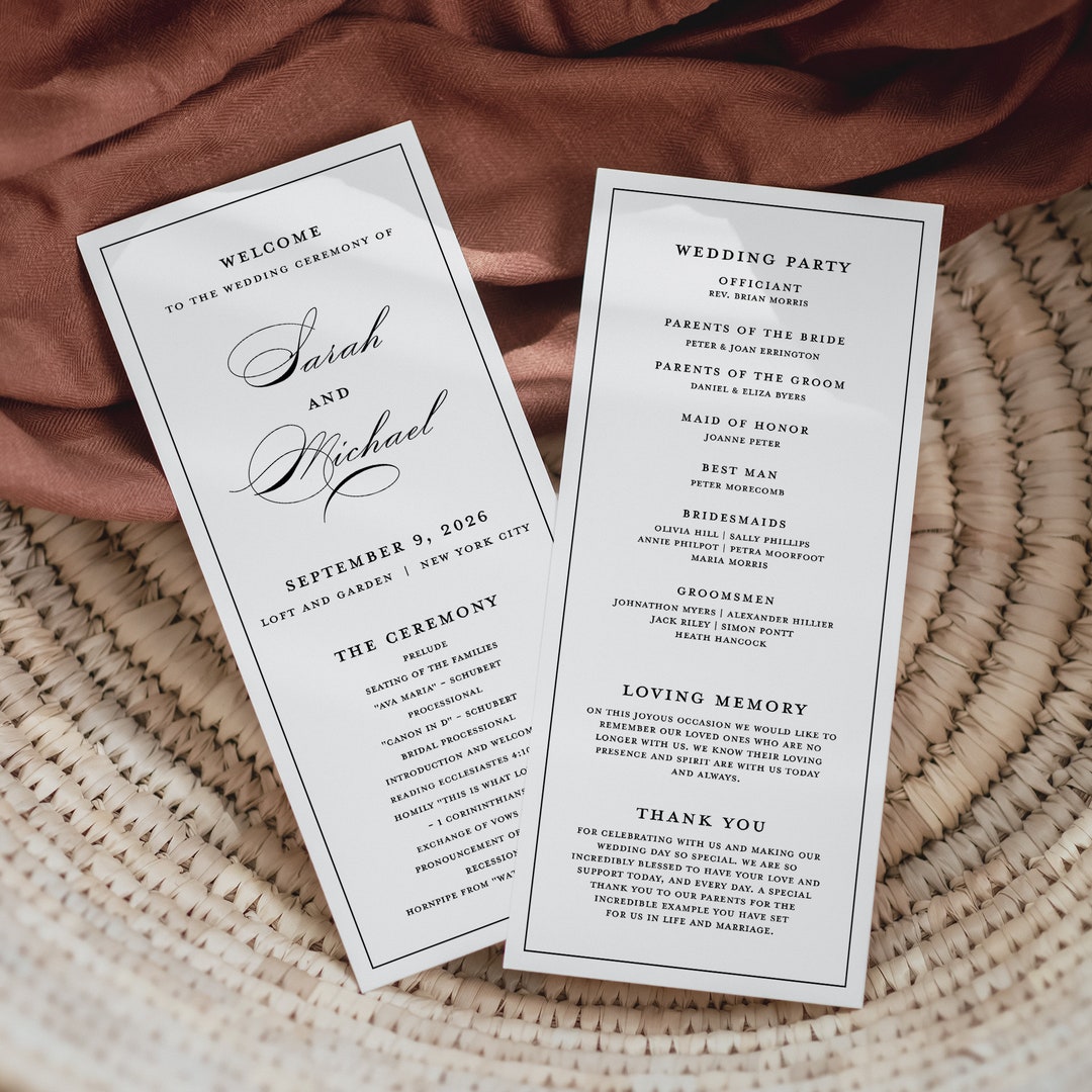 Manhatten Wedding Program Template, Calligraphy 4 X 9 Program, Double ...
