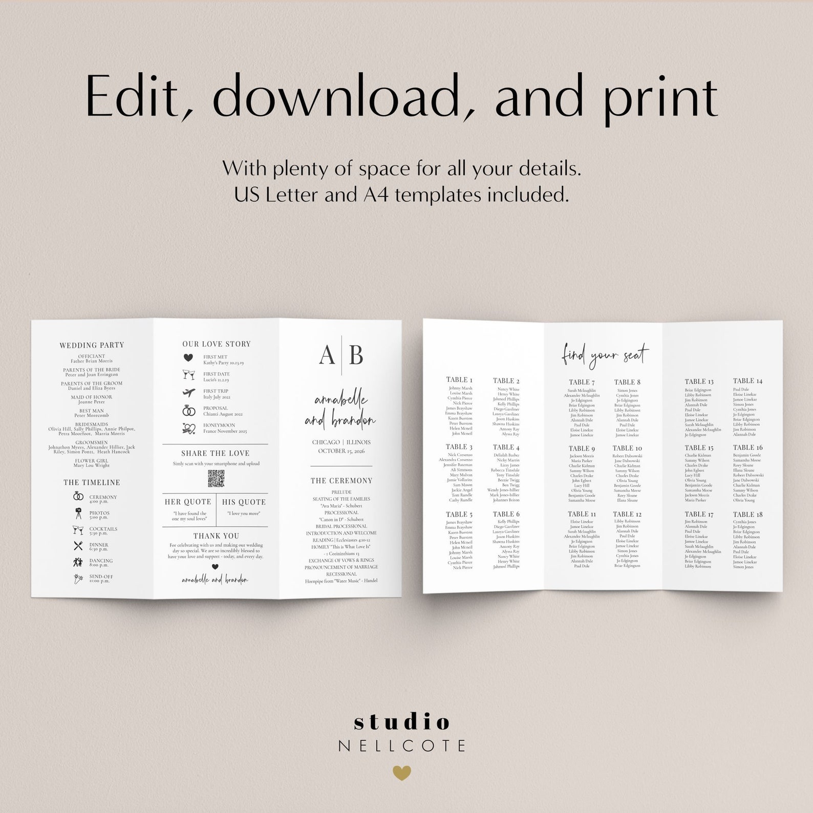 Wedding Program Seating Chart Template, Trifold Monogram Infographic ...