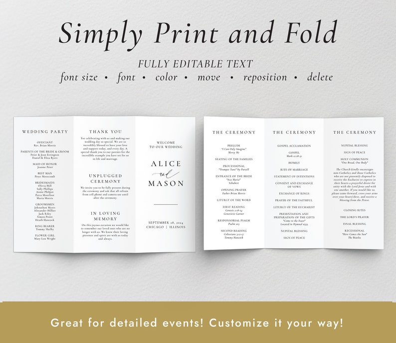 Tri Fold Wedding Program Classic Minimalist Trifold Jewish - Etsy