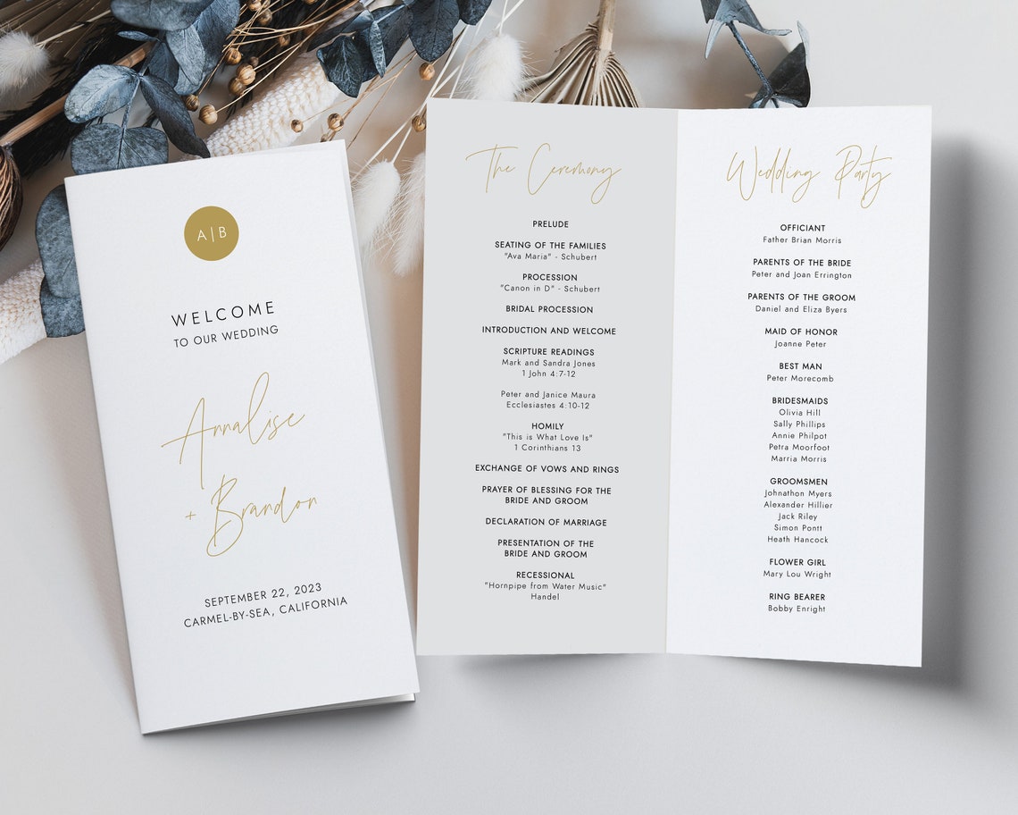 Gold Modern Monogram Folded Wedding Program, Minimalist Bi-fold ...