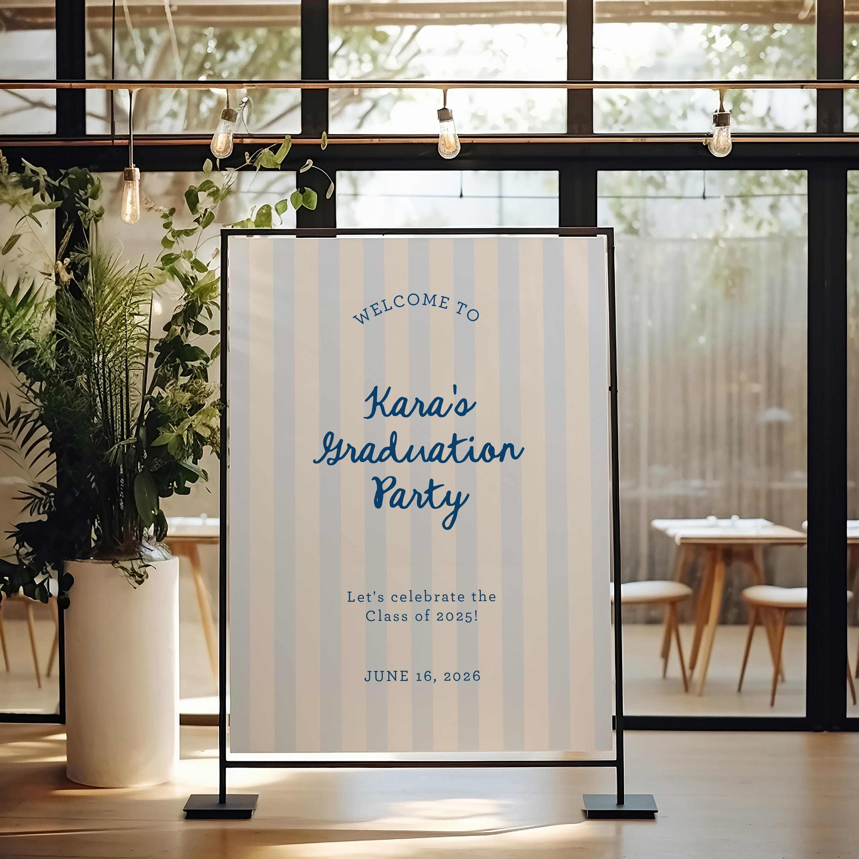 Preppy Stripes Graduation Welcome Sign, Striped Blue and White, DIY ...
