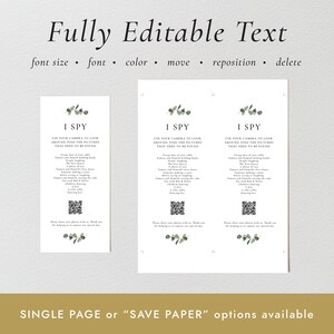 Eucalyptus I Spy With QR Code, Guest Photo Sharing, Wedding Game Card ...