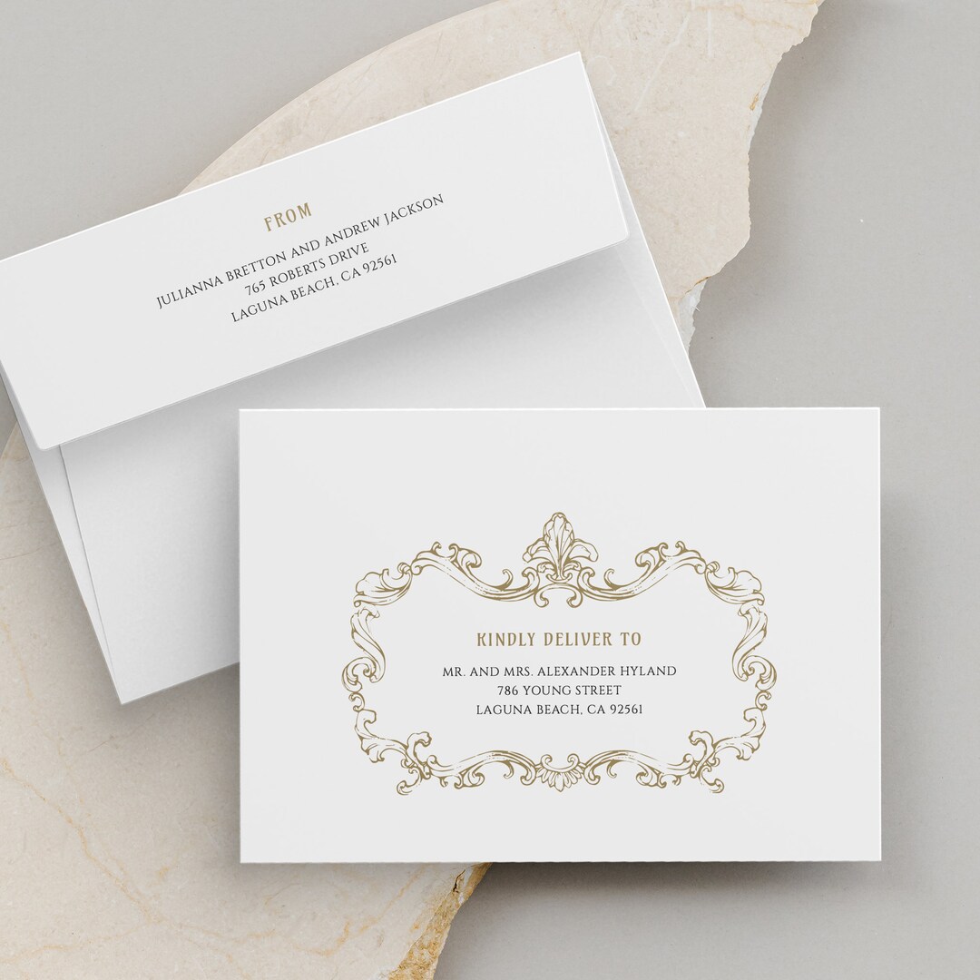 Gold Art Noveau Wedding Envelope Template, Hand Drawn Baroque Unique ...