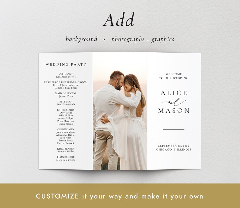 Tri Fold Wedding Program Classic Minimalist Trifold Jewish - Etsy