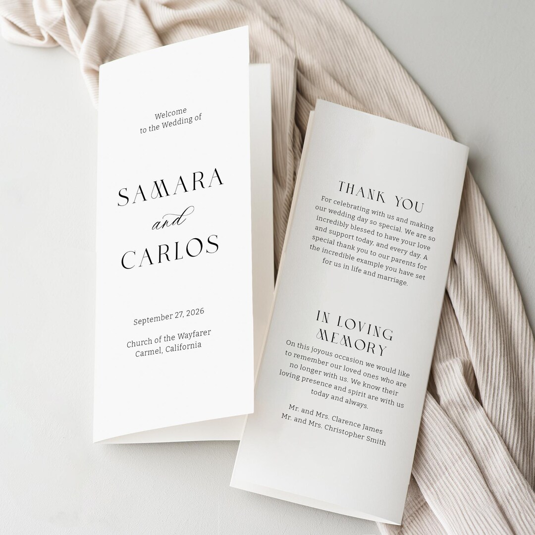 Long Fold Wedding Program, Romantic Minimalist Script Bi-fold Template ...