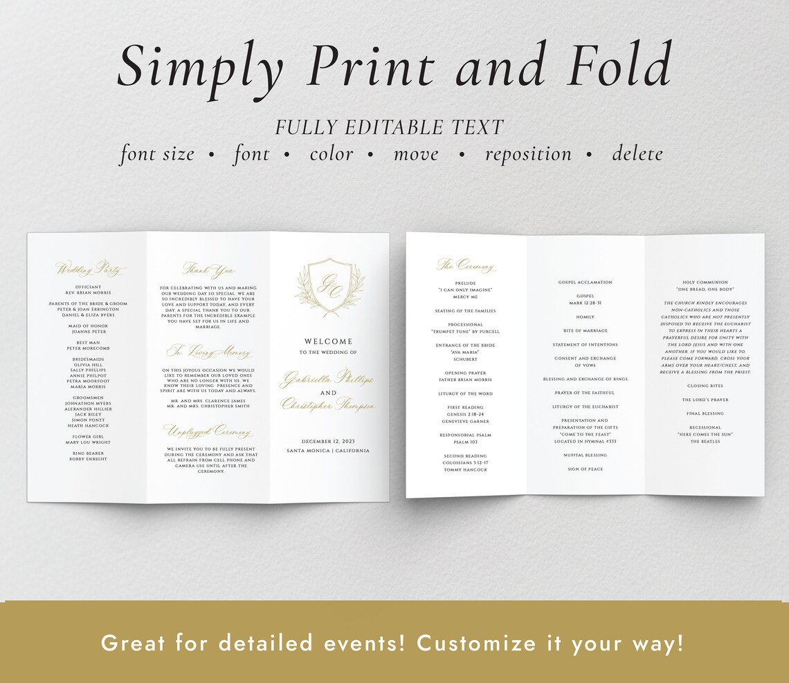 Gold Tri Fold Wedding Program Template Wedding Crest Ceremony | Etsy