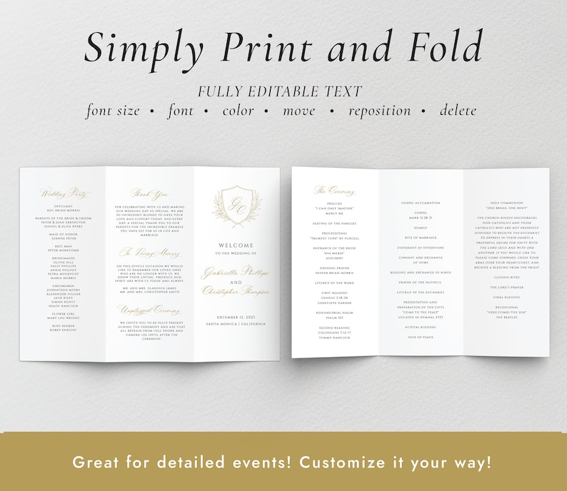 Gold Tri Fold Wedding Program Template, Wedding Crest Ceremony Program ...