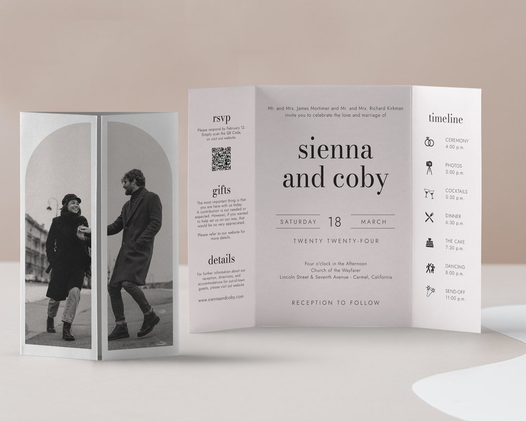 Modern Bold Arch Gatefold Wedding Invitation With QR Code, Minimalist Folded Invitation, Gate ...