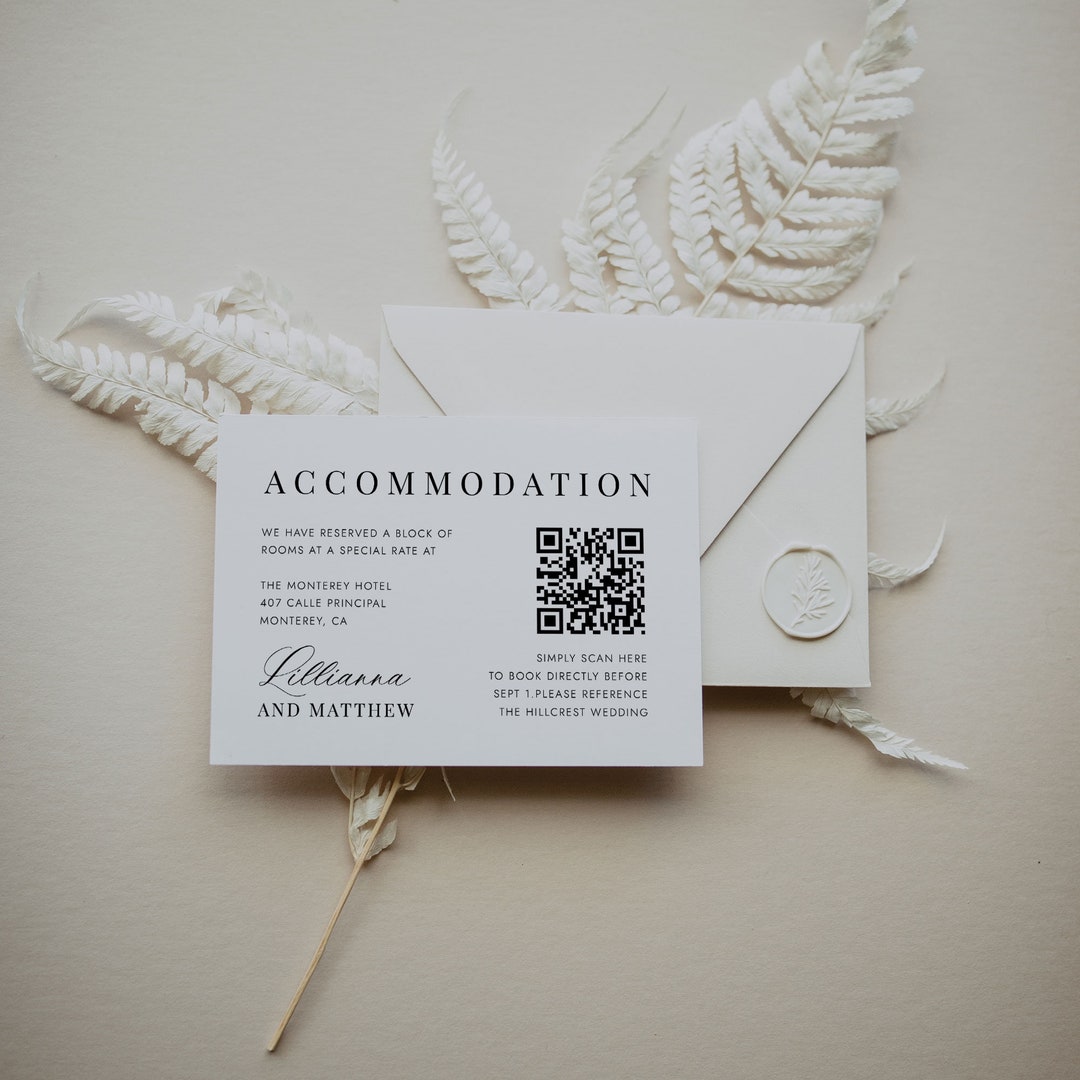 Accommodations Card With QR Code, Elegant Script Wedding Hotel ...