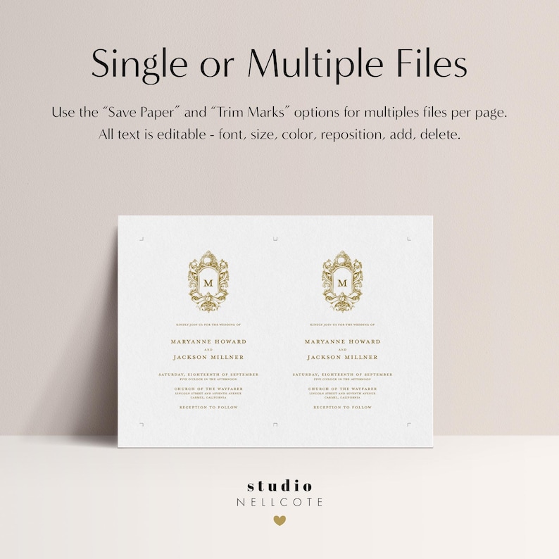 Gold Crest Wedding Invitation Suite, Rococo Monogram Invite, Details ...