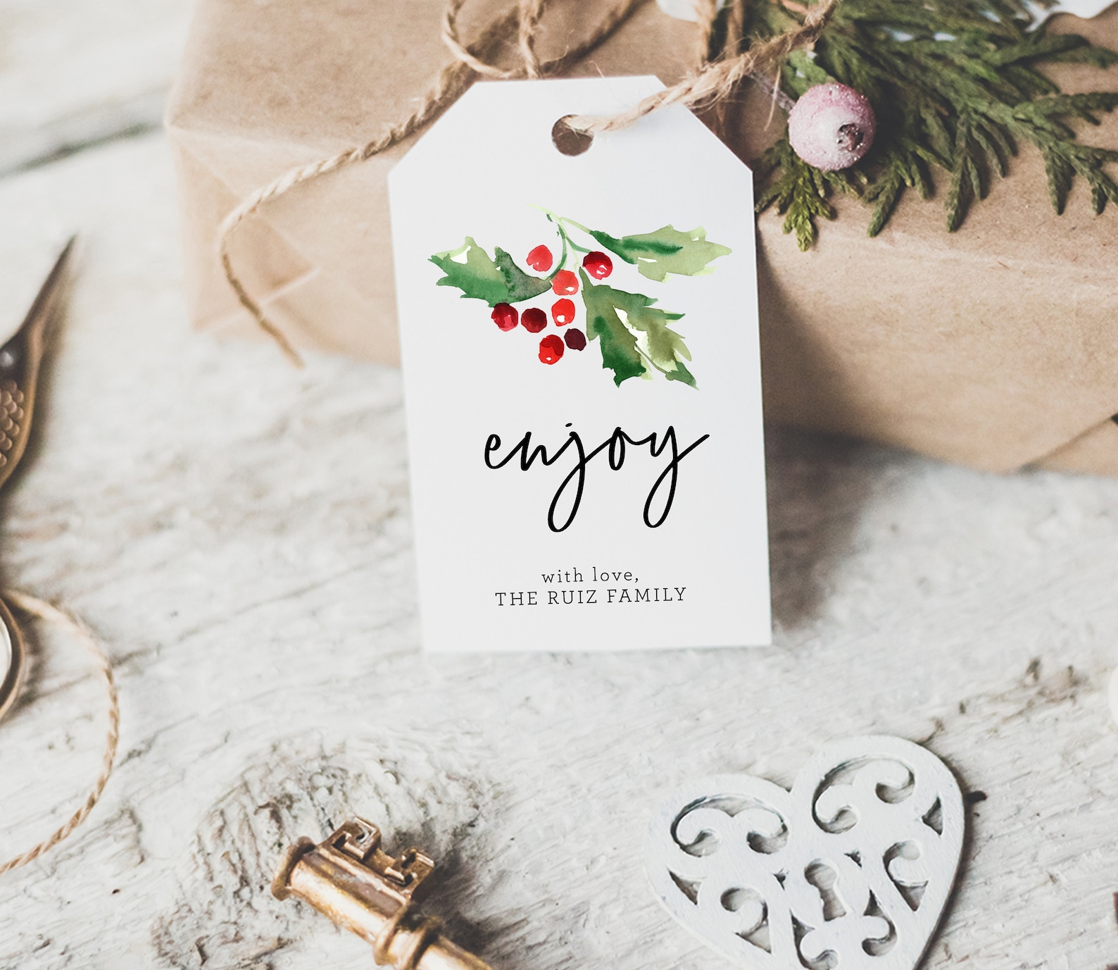 Christmas Holly Gift Tag Template Watercolor Gift Tag | Etsy