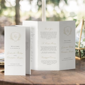 Gold Tri Fold Wedding Program Template, Wedding Crest Ceremony Program, Monogram Trifold ...