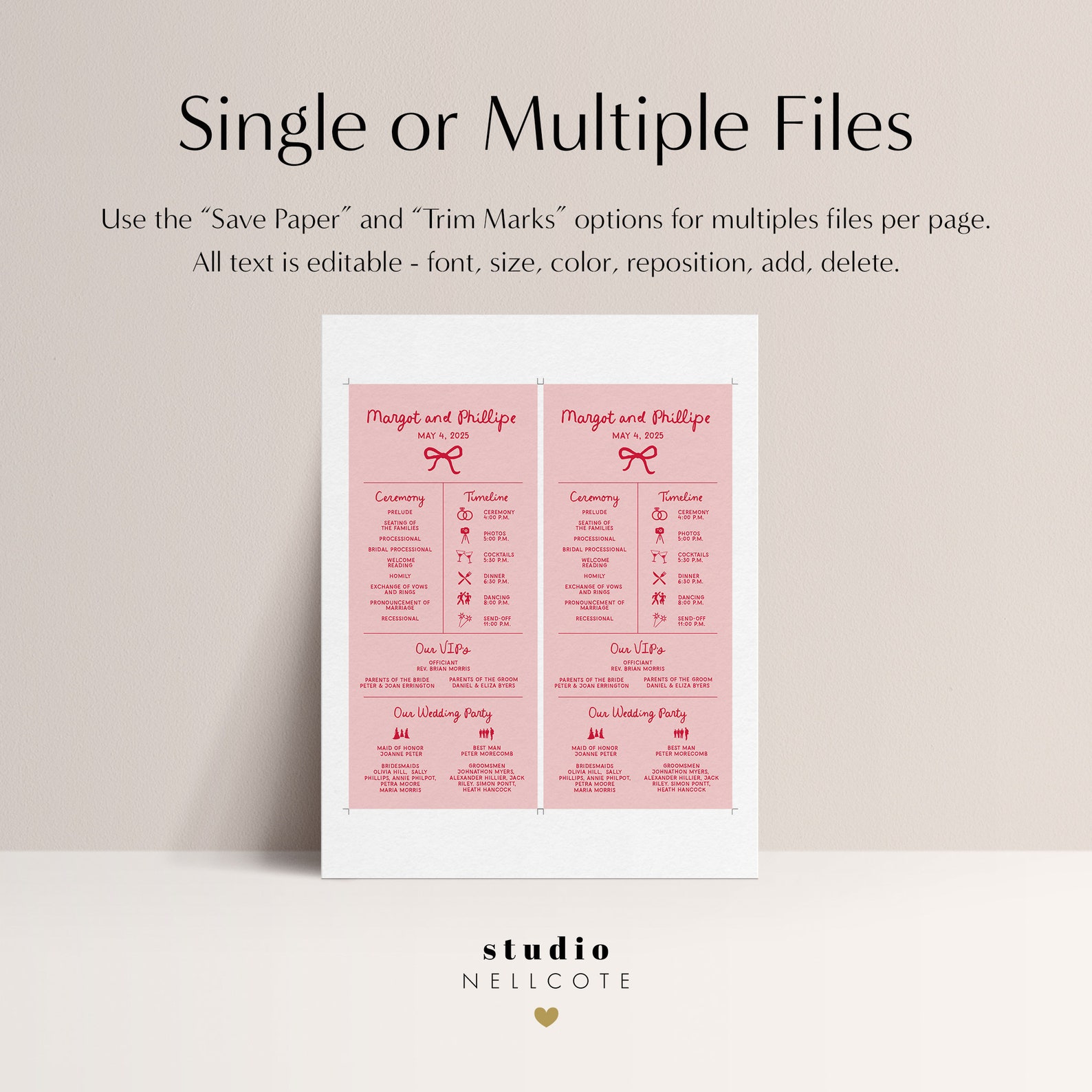 Bow Infographic Wedding Program, Whimsical Wedding Schedule & Icons ...