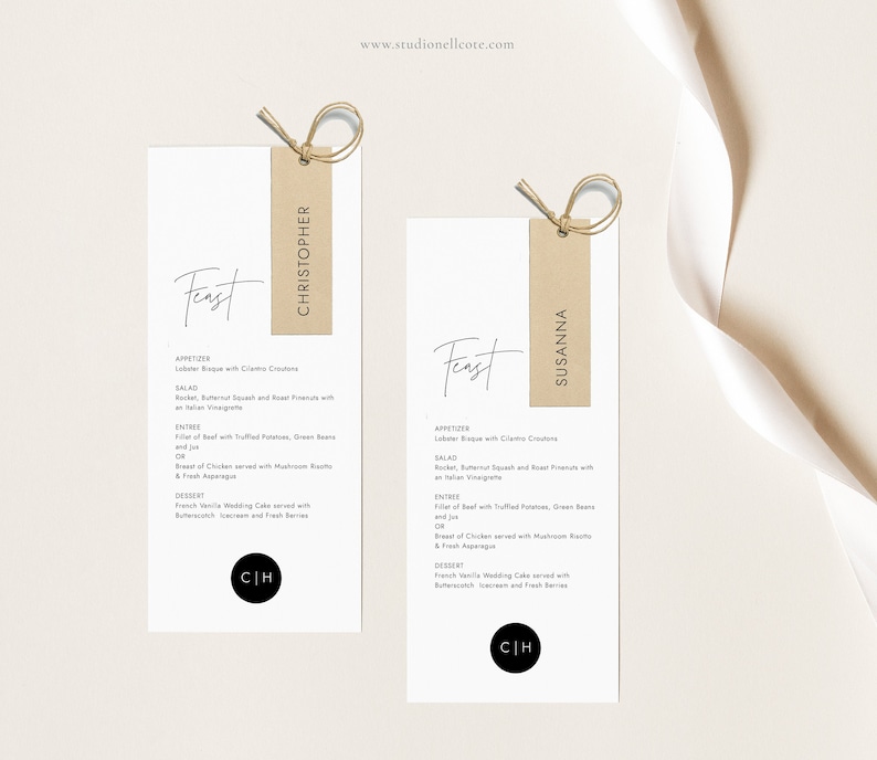 Minimalist Menu With Place Card - Place Tag Menu, Modern Monogram, Menu ...