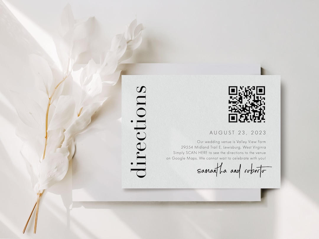 Modern Bold Directions Card With QR Code, Minimalist Script Printable ...