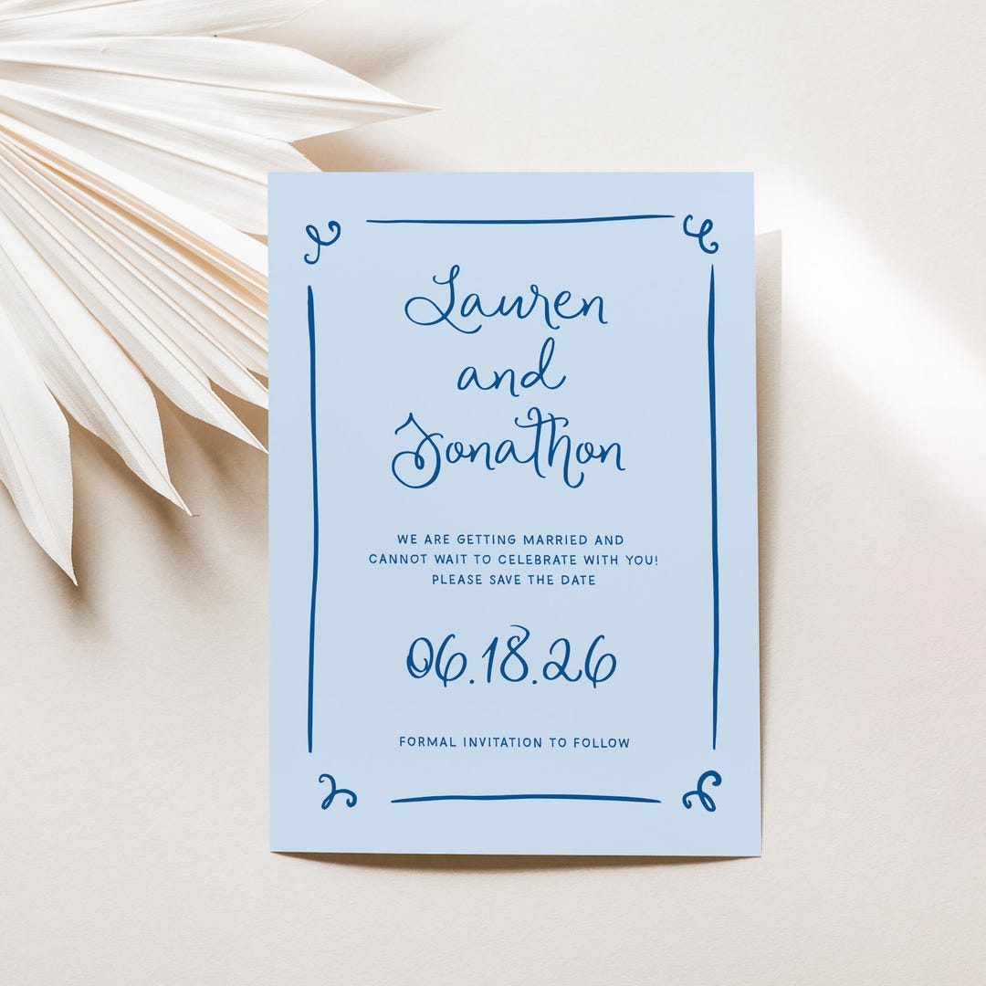 Blue Save the Date Card, Squiggly Calligraphy Handwritten Style With ...