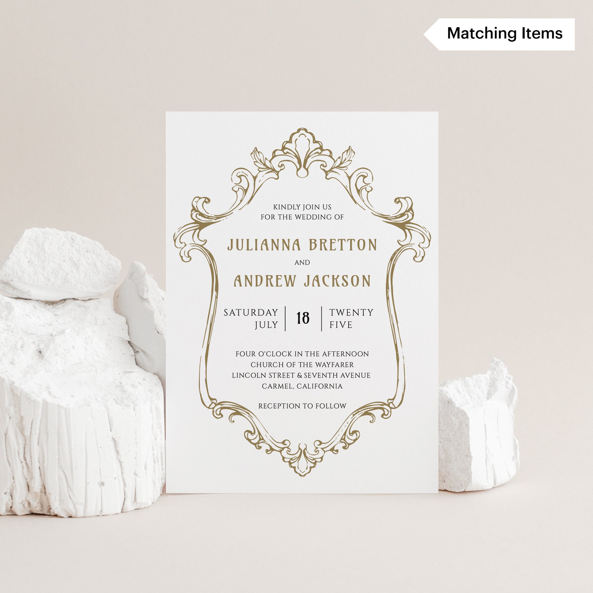 Gold Art Noveau Wedding Envelope Template, Hand Drawn Baroque Unique ...