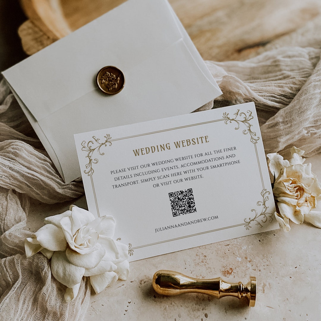 Vintage Gold Wedding Website Insert Card With QR Code, Printable ...