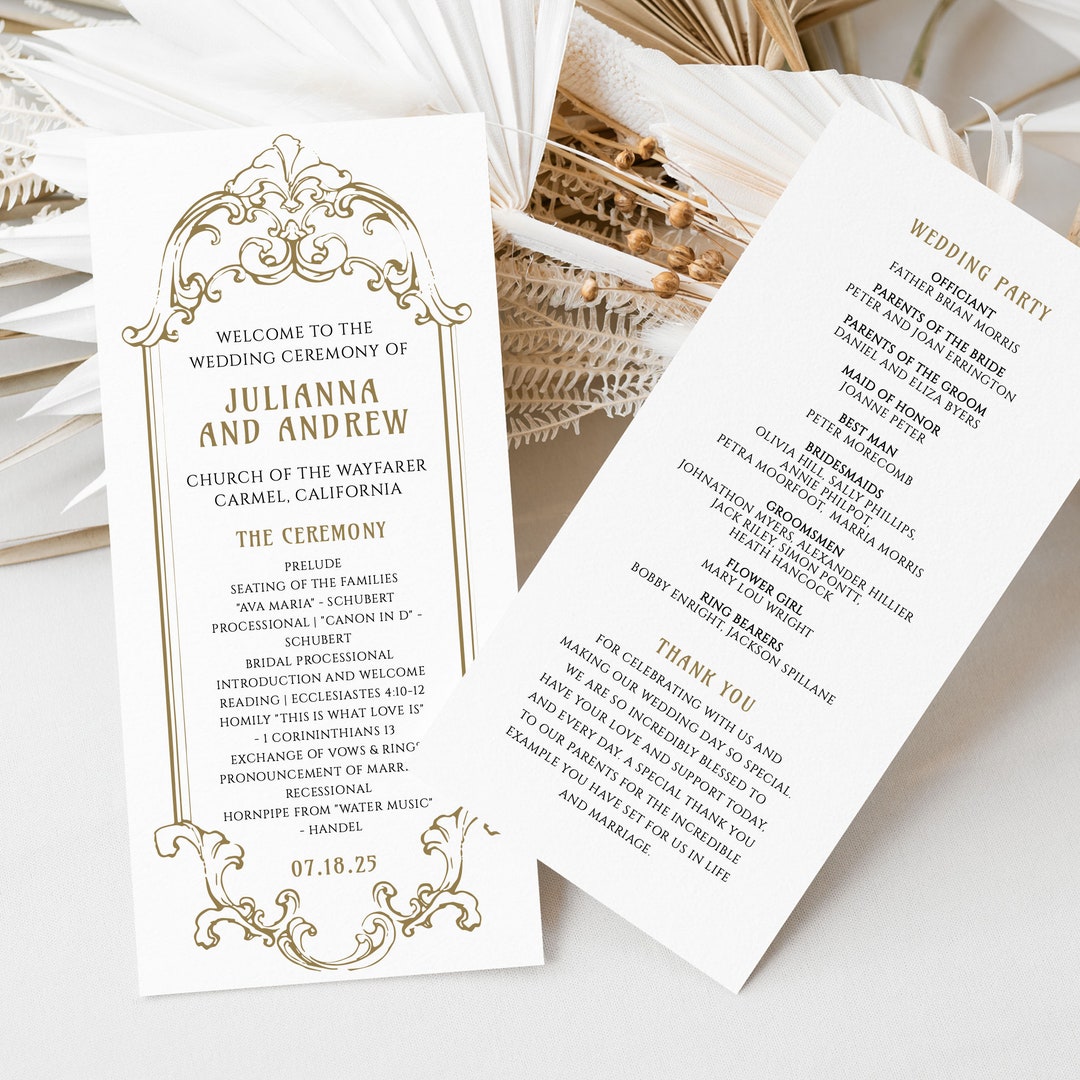Art Noveau Ceremony Program, Vintage Gold Hand Drawn Frame, Baroque ...
