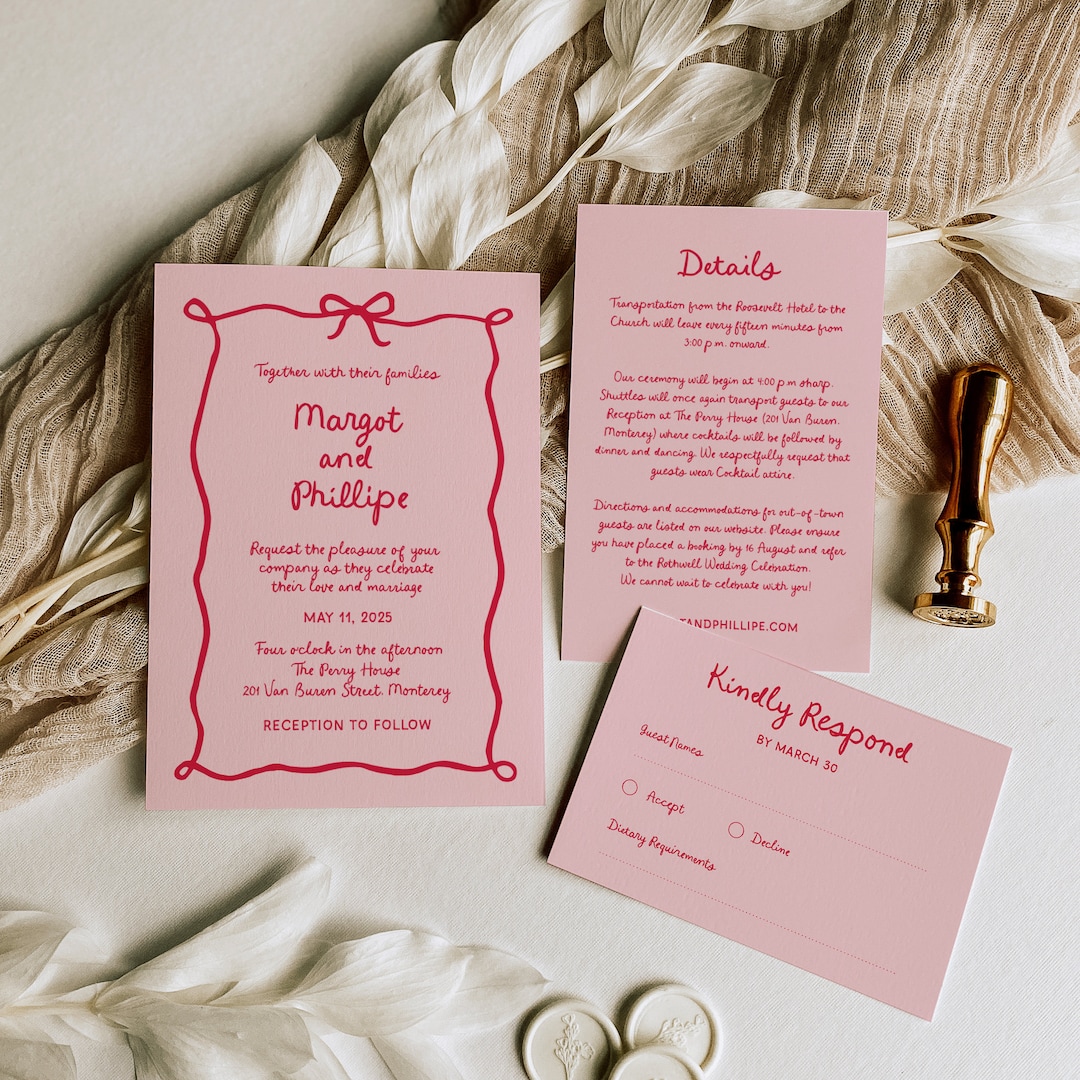 Wavy Whimsical Wedding Invitation Suite, Berry and Pink Handwritten ...