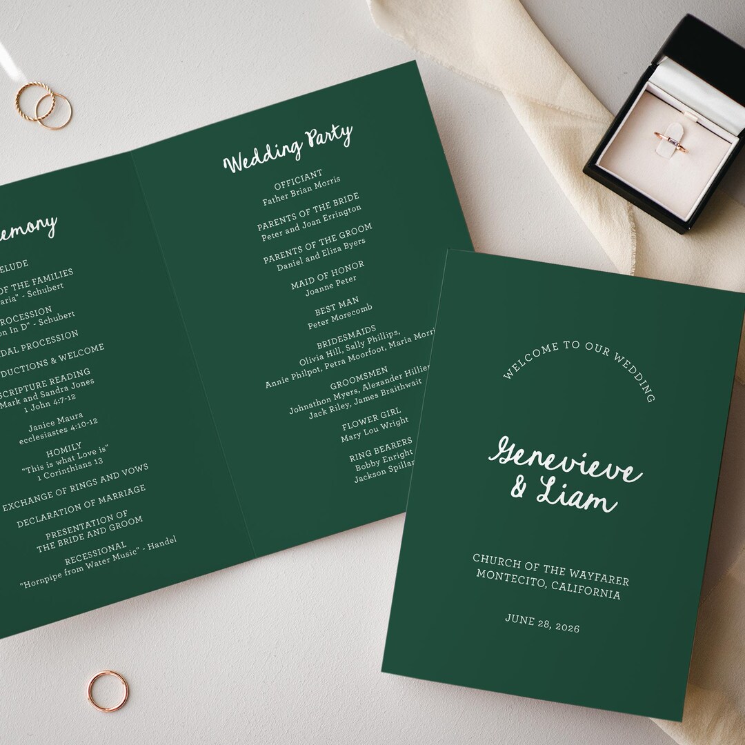 Forest Green Wedding Ceremony Program, Handwritten Folded Handwritten ...