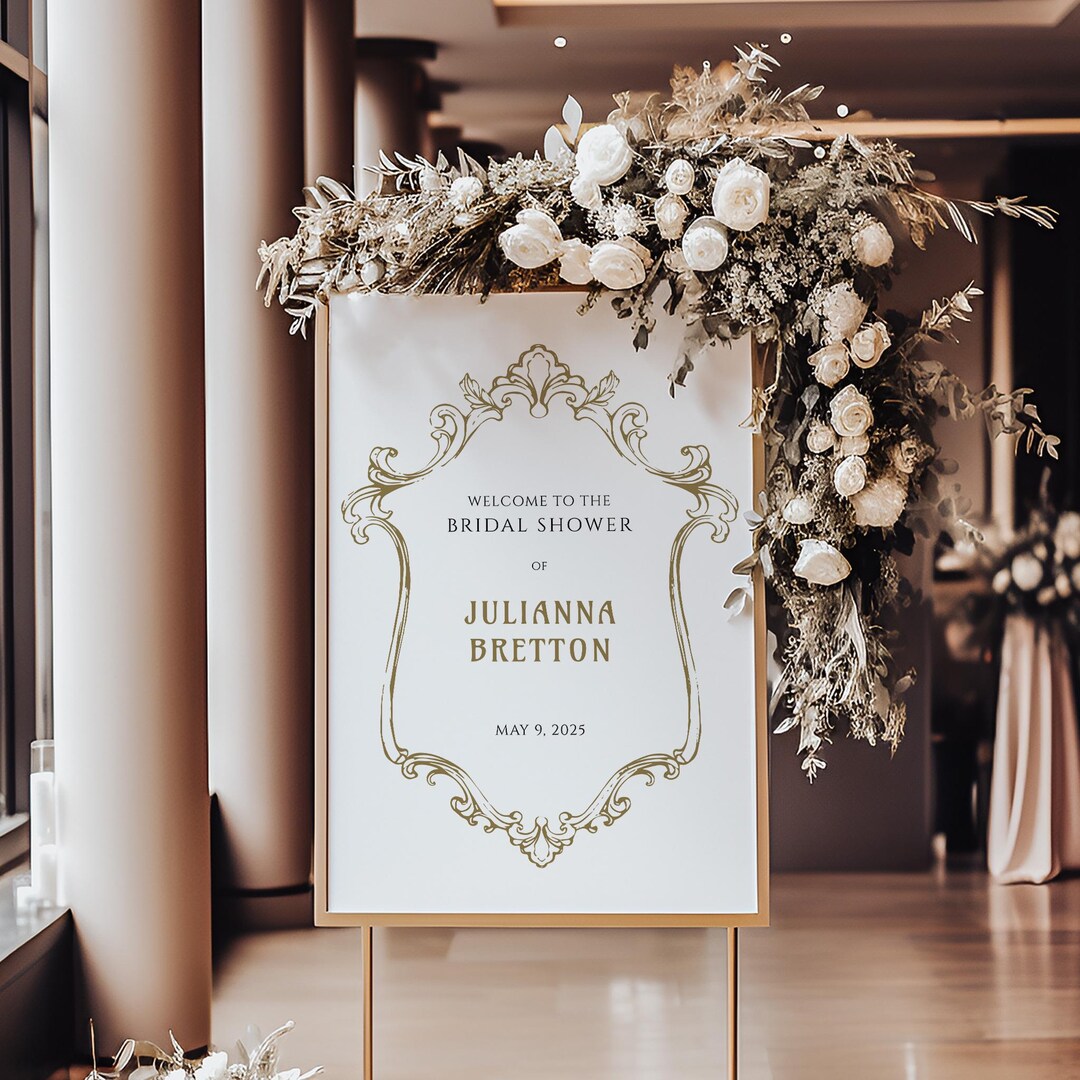 Gold Bridal Shower Welcome Sign, Baroque Hand Drawn DIY Template for ...