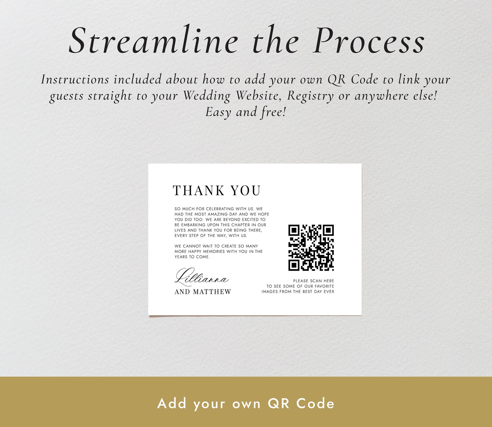 Wedding Photo Thank You Card, Elegant Script Editable Template, QR Code ...