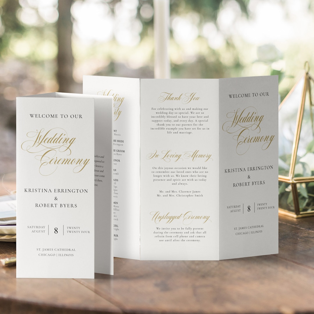 Gold Tri Fold Wedding Program Template - Trifold Program, Great for ...