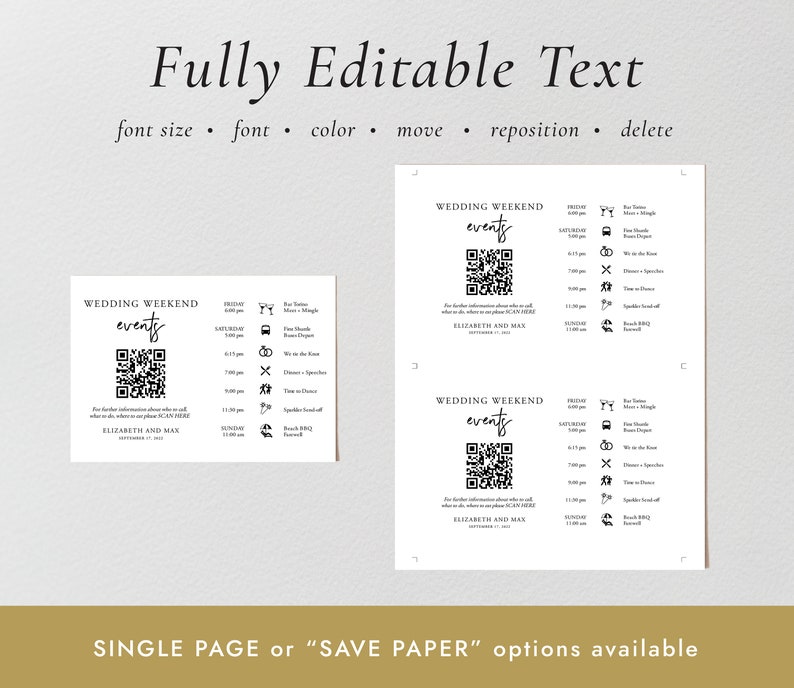 Modern Script QR Code Wedding Weekend Events Insert Card - Etsy