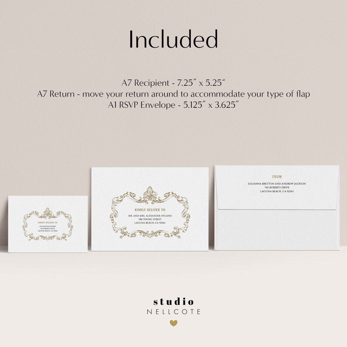 Gold Art Noveau Wedding Envelope Template, Hand Drawn Baroque Unique ...