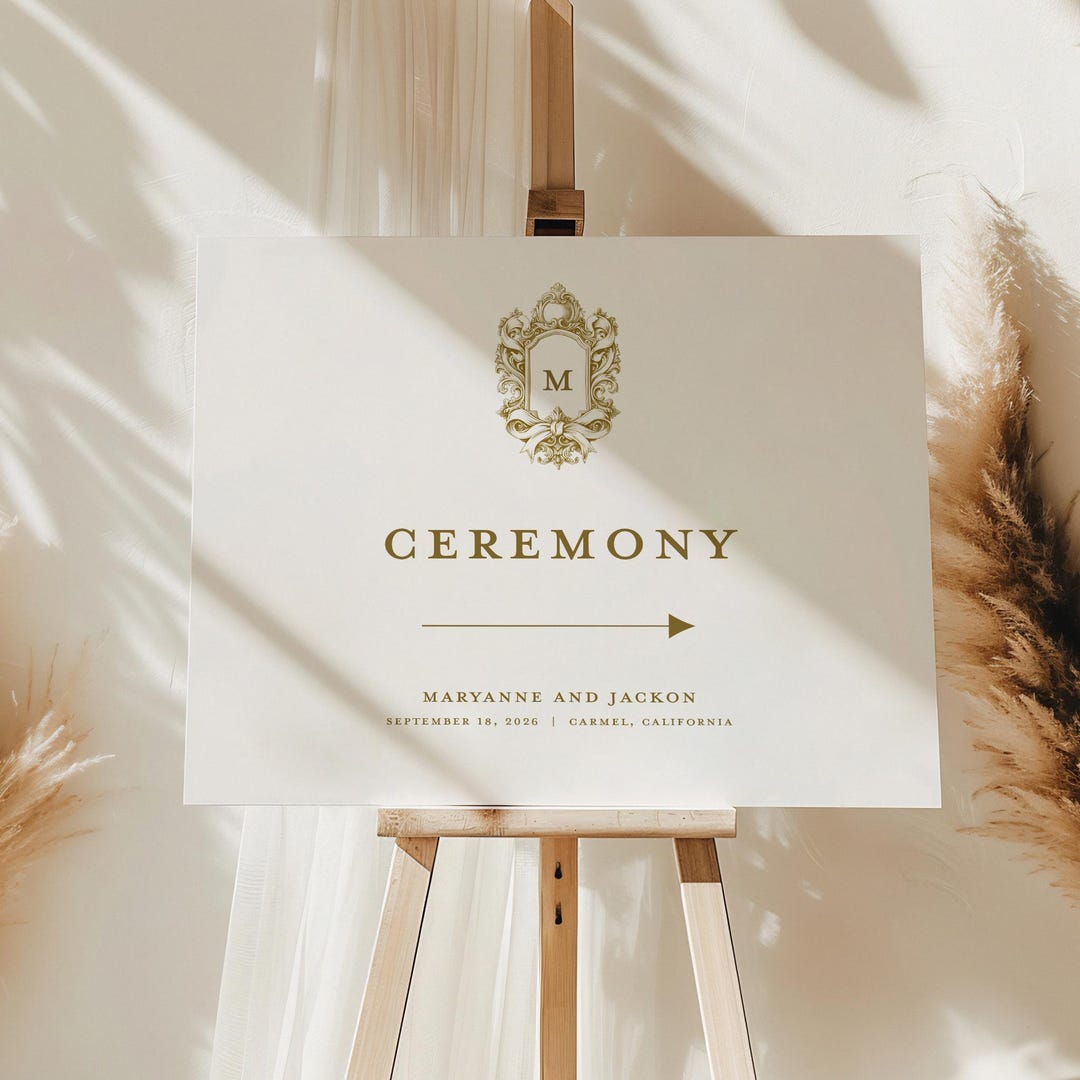 Gold Ceremony Sign, Our Ceremony This Way Sign, Gold Monogram Crest ...