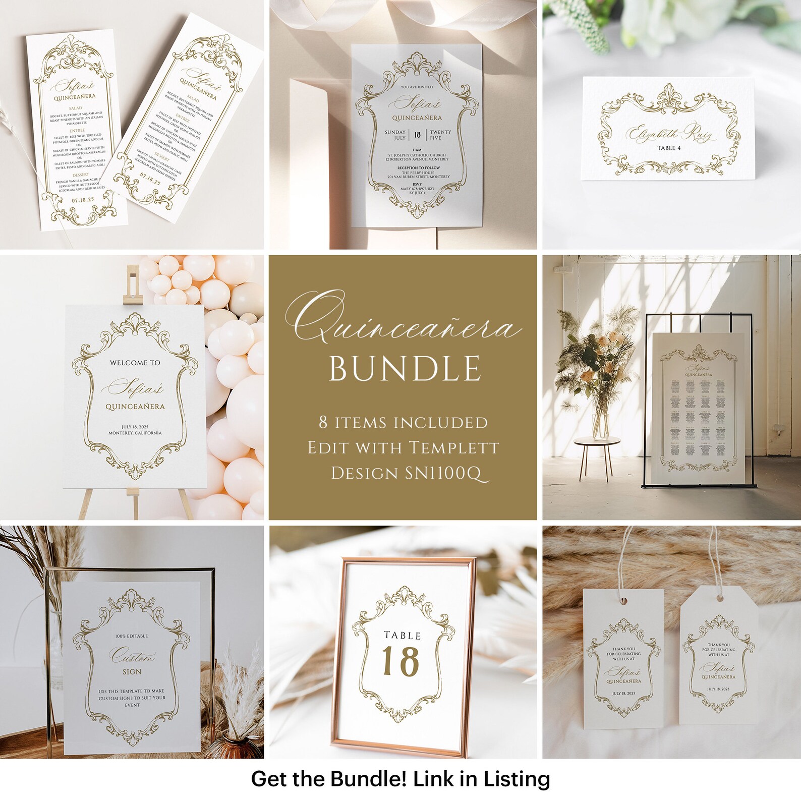 Gold Quineanera Invitation, Elegant Vintage Frame Template, Art Noveau ...