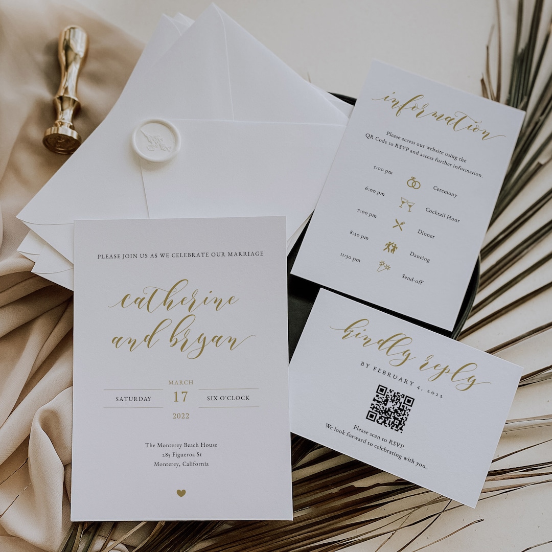 Gold Calligraphy QR Code Wedding Invitation Suite, Digital Rsvp ...