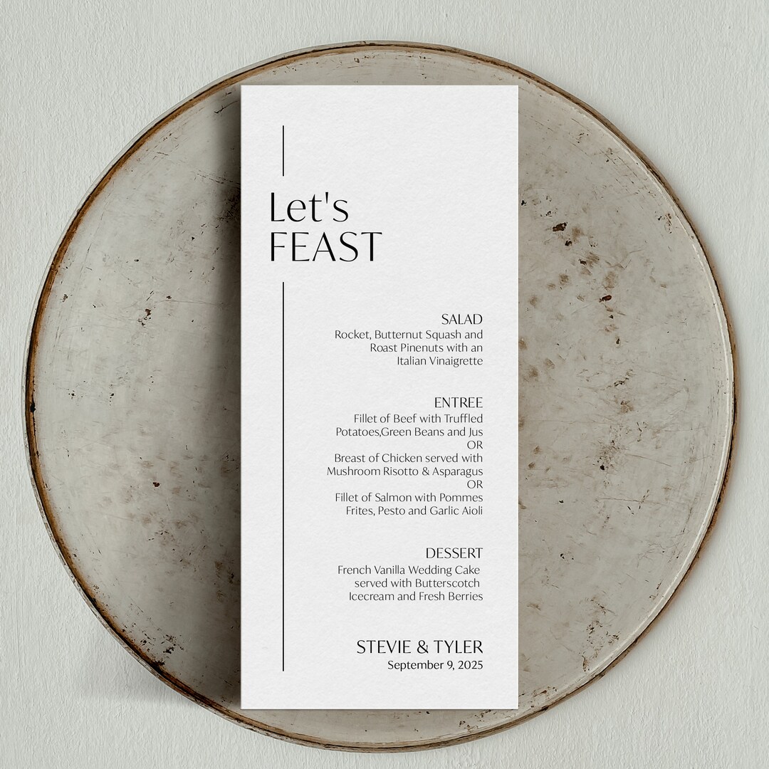 Let's Feast Menu Template, Contemporary Chic Wedding Menu, Printable ...