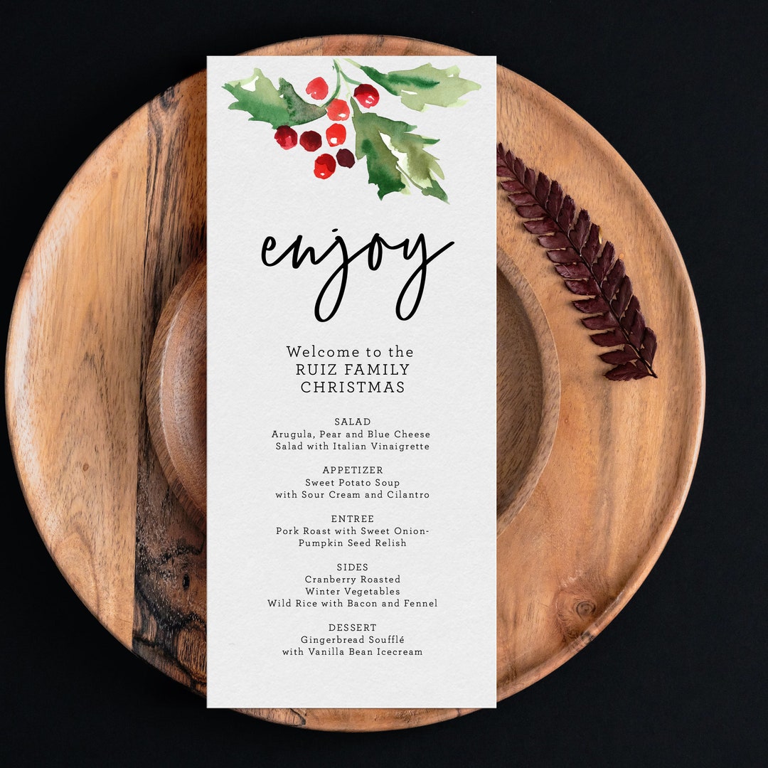 Christmas Menu Digital, Holly Watercolor Menu, Holiday Menu for Table ...