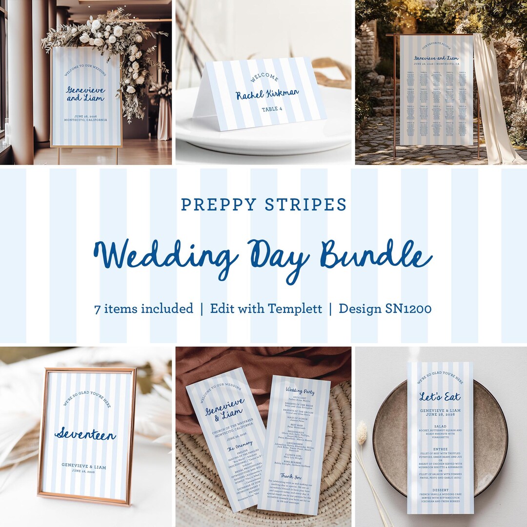 Preppy Stripes Wedding Day Bundle, Coastal Blues Stationery Bundle ...