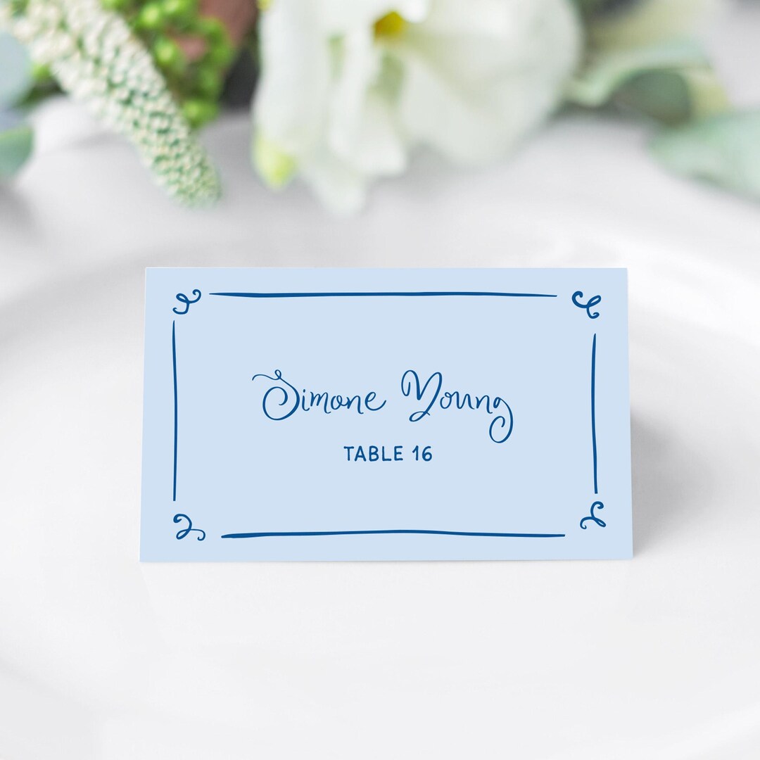 Wavy Place Card With Meal Icons, Squiggly Hand Drawn Seating Name Cards ...