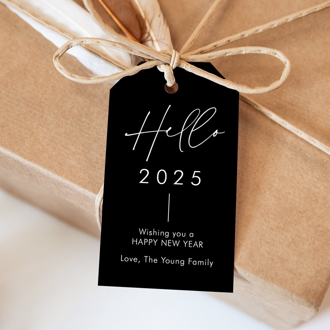 Black Hello 2025, Happy New Year Gift Tag, New Year Template ...