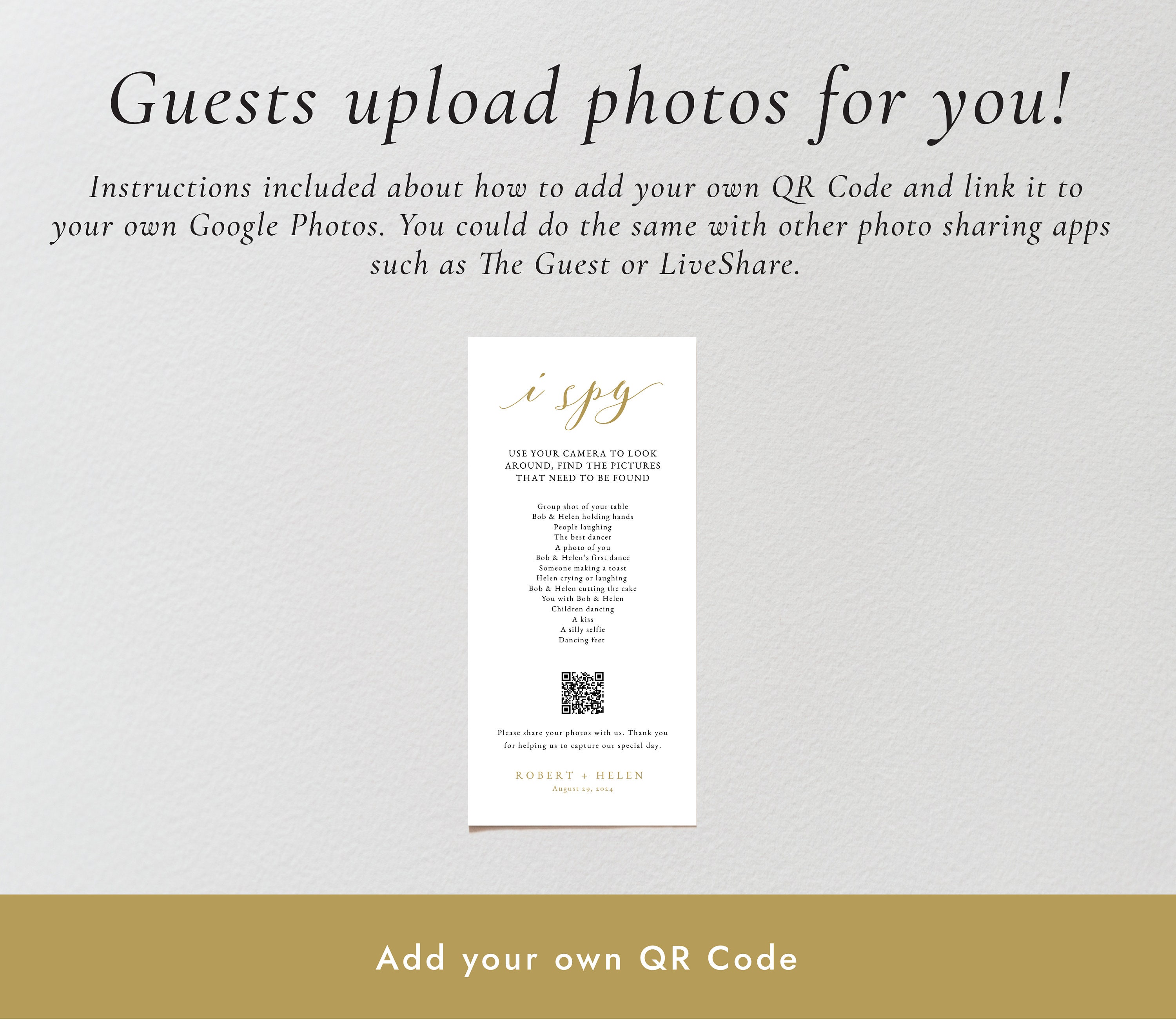 Gold I Spy With QR Code, Guest Photo Sharing, Wedding Game Card, Photo ...