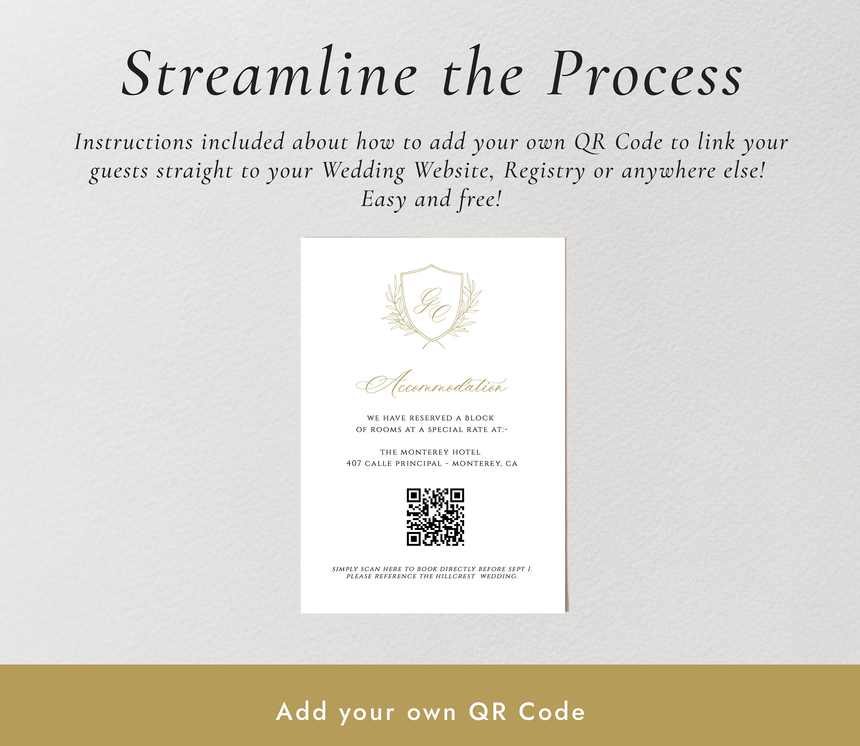 Gold Accommodations Card With QR Code, Wedding Crest Wedding Hotel ...