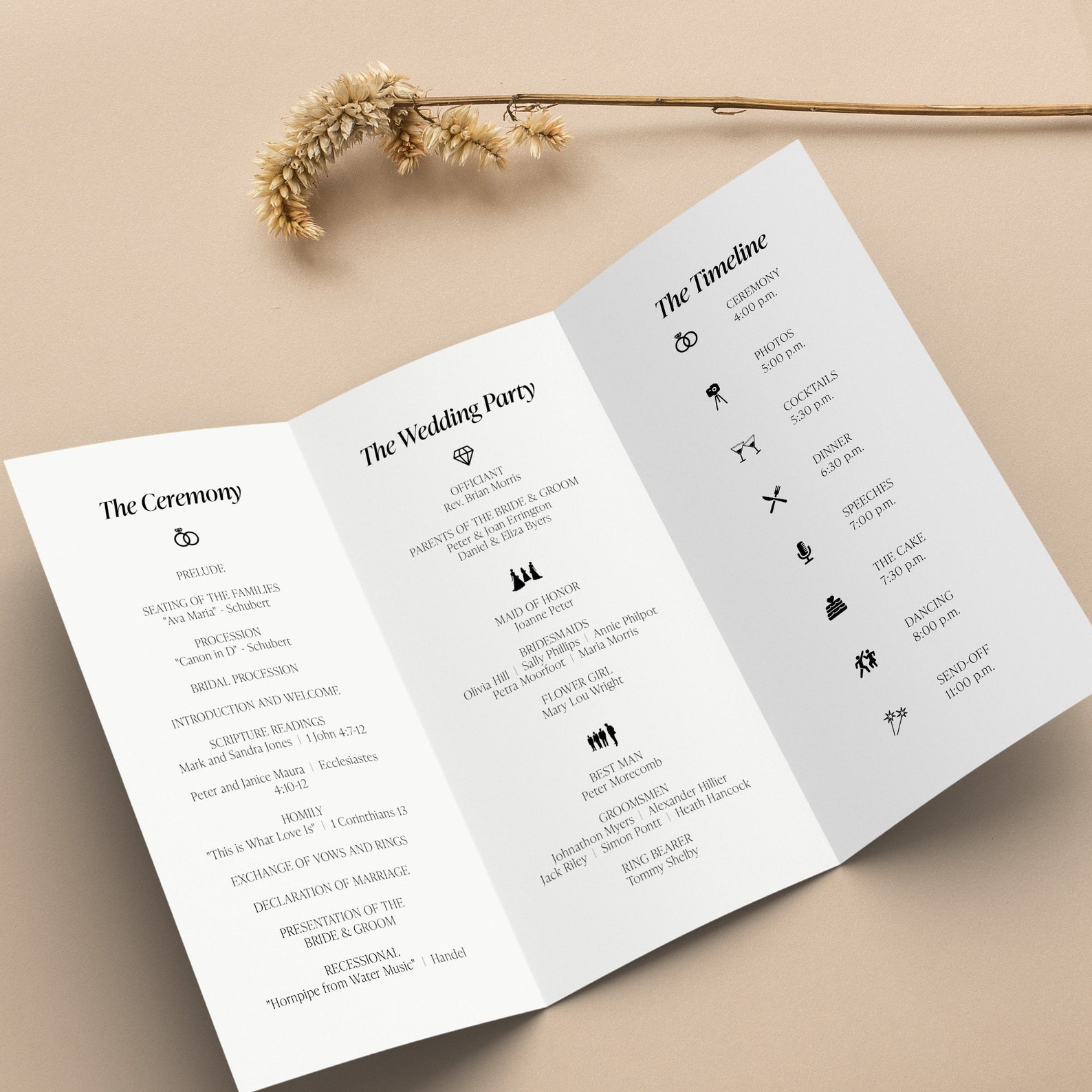 Monogram Infographic Tri Fold Program, Wedding Schedule, Wedding Icons ...
