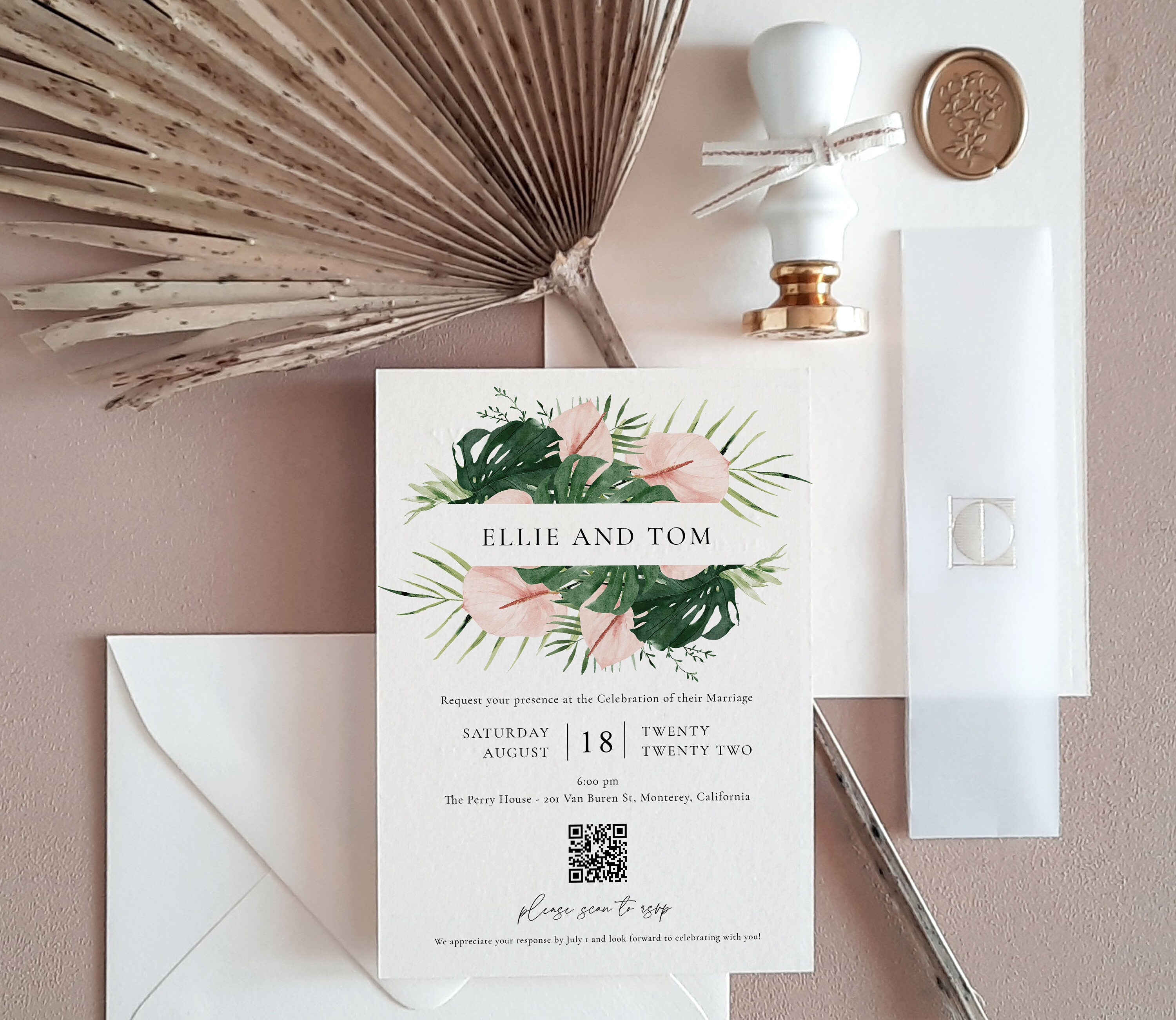 Tropical QR Code Wedding Invitation Digital Rsvp Monstera - Etsy