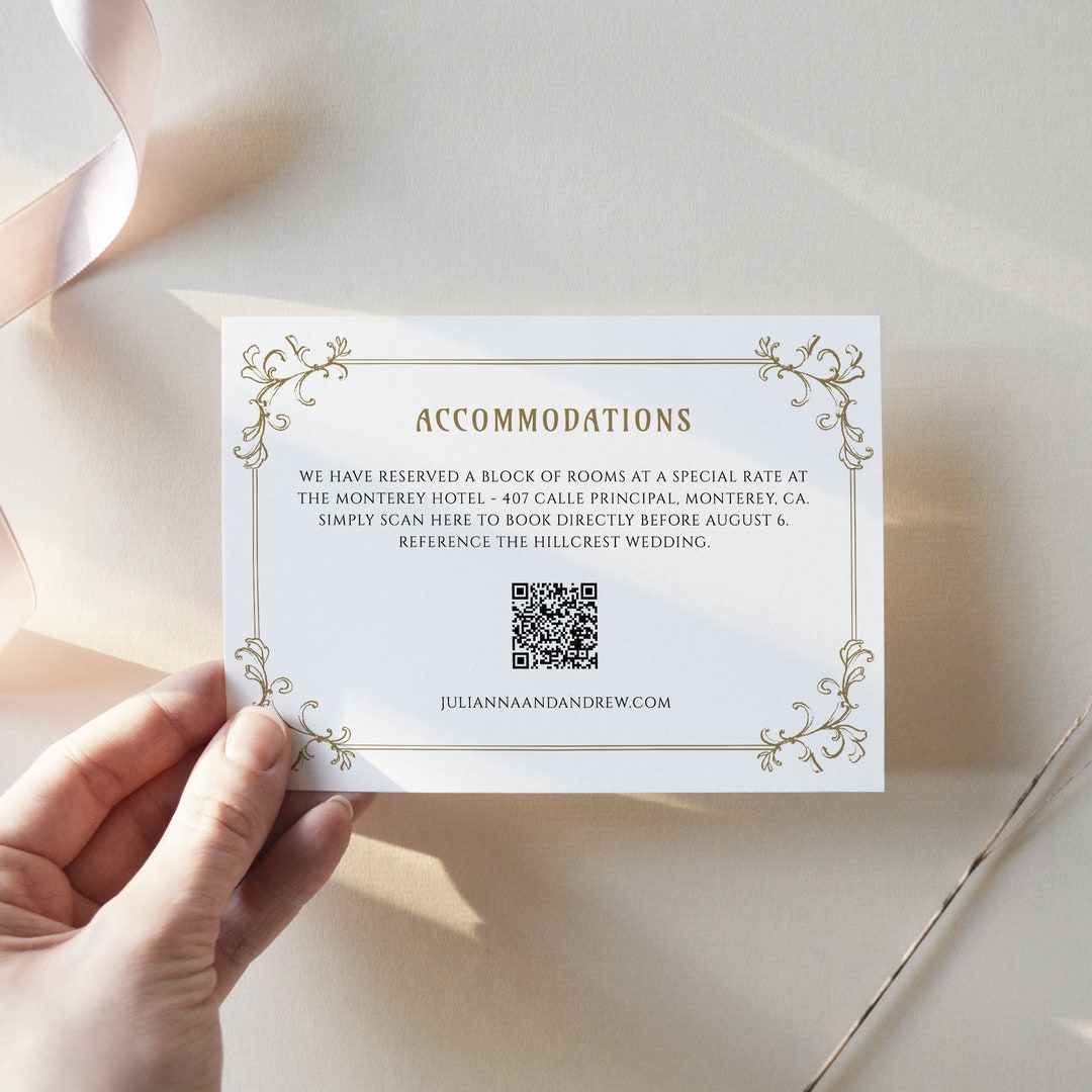 Gold Accommodations Card QR Code, Vintage Baroque Wedding Hotel ...