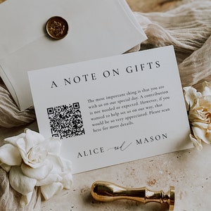 Classic Minimalist A Note on Gifts Insert, Honeymoon Fund With QR Code ...