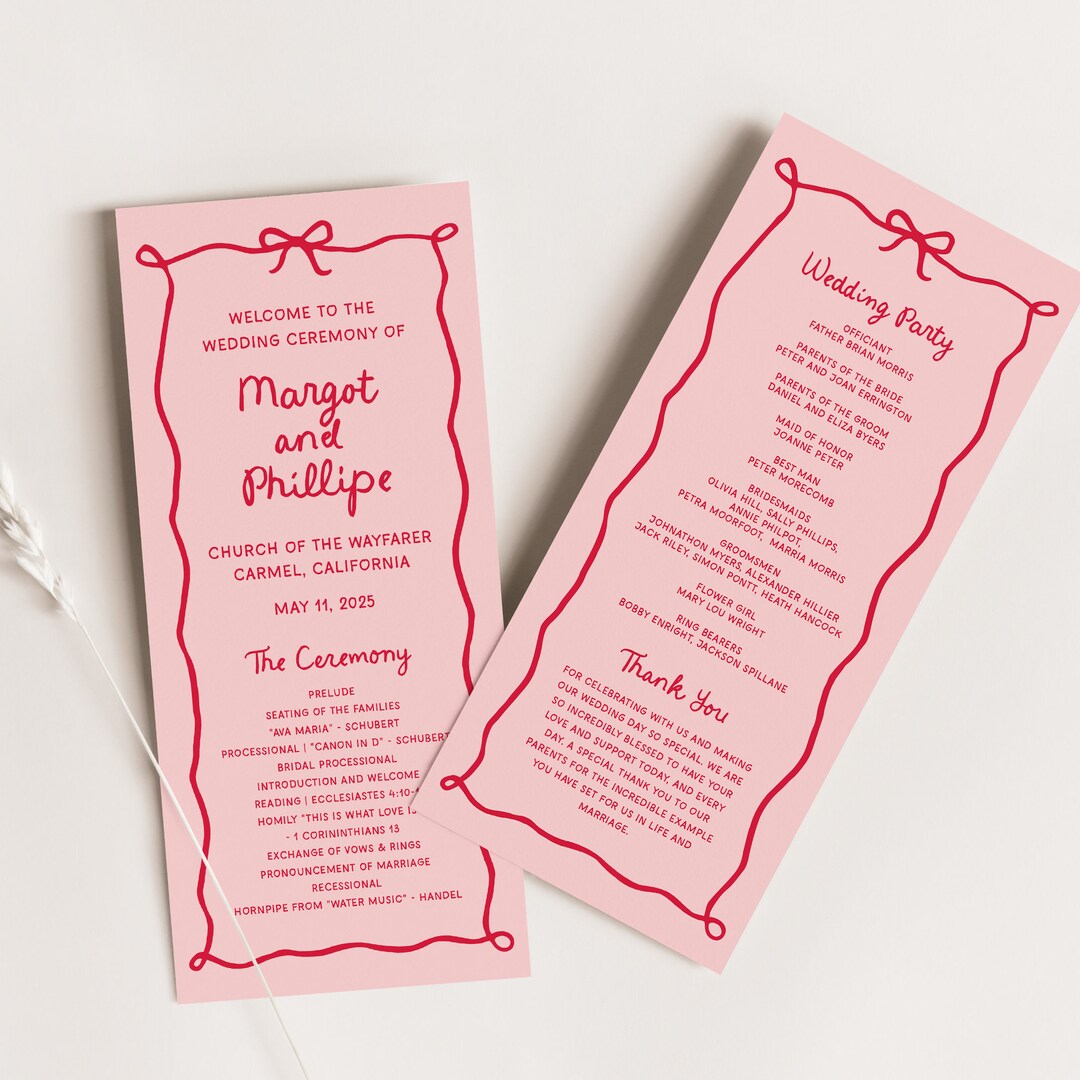 Whimsical Wedding Ceremony Program, Berry and Pink Handwritten Ceremony ...