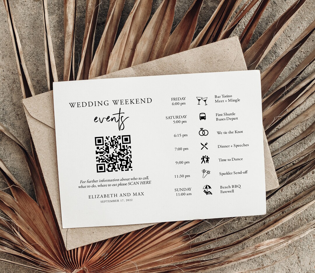 Modern Script QR Code Wedding Weekend Events Insert Card, Wedding ...
