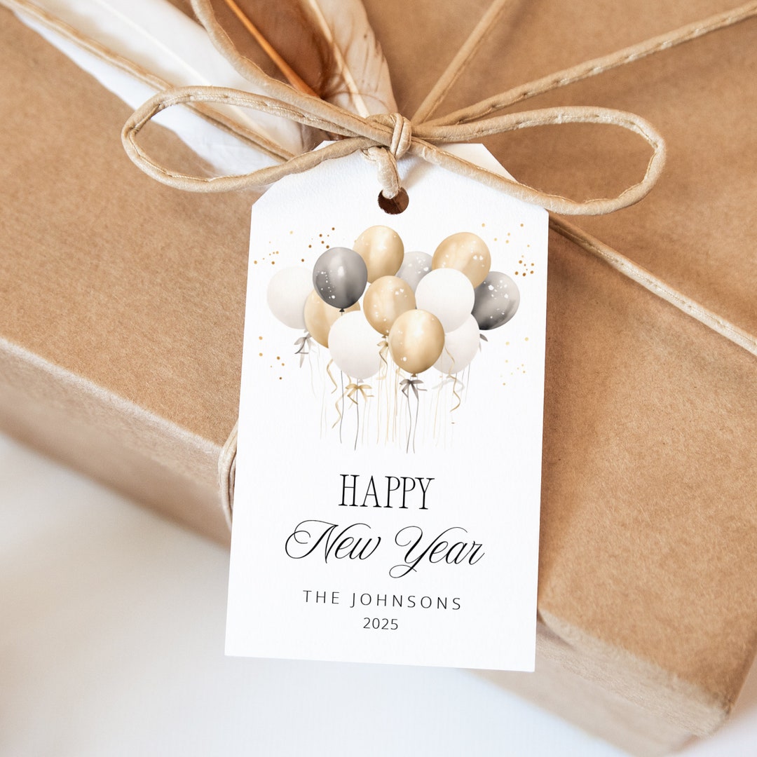 Gold Happy New Year Gift Tag Template, Watercolor Balloons Festive Hang ...