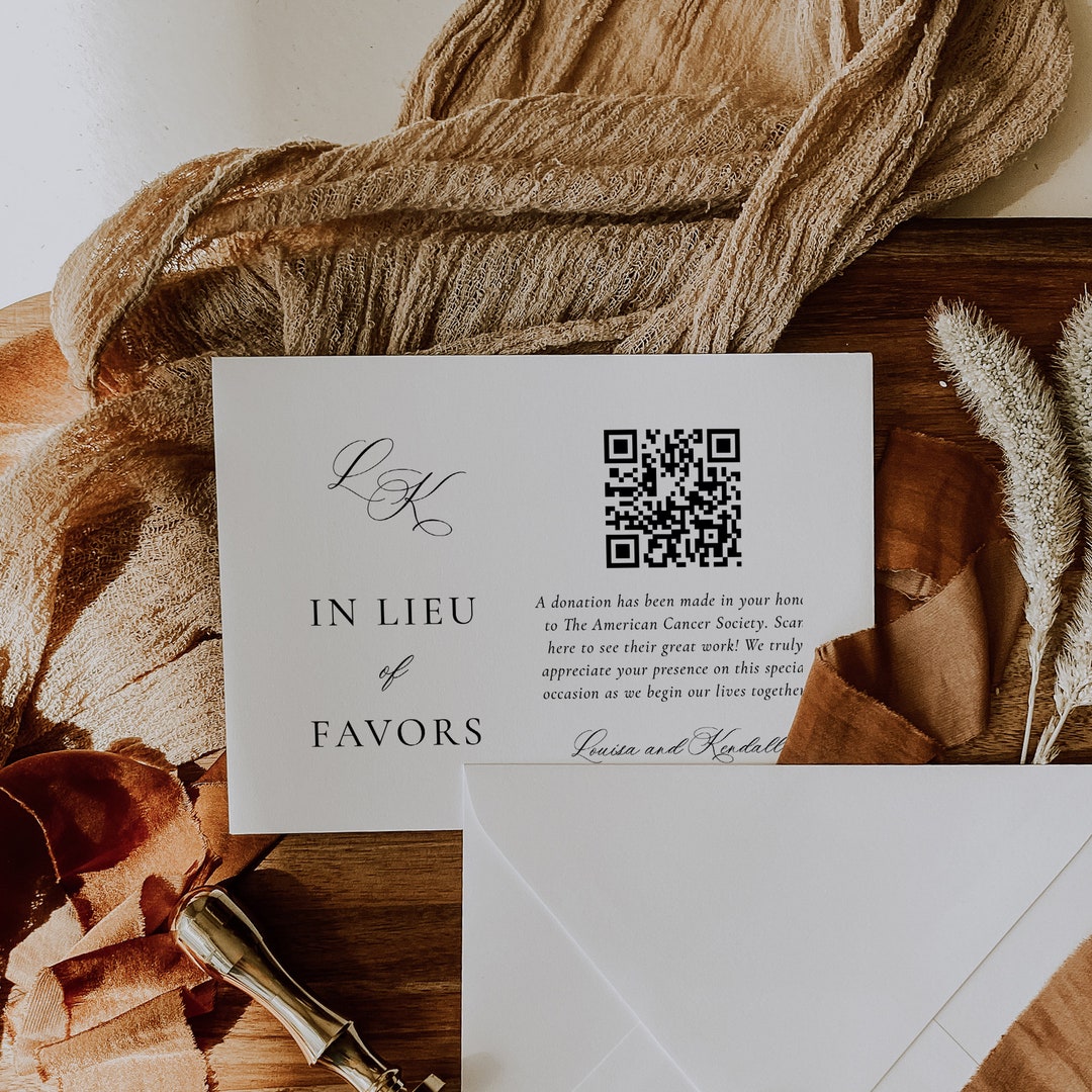 Calligraphy Monogram Charity Donation Card With QR Code, in Lieu of ...
