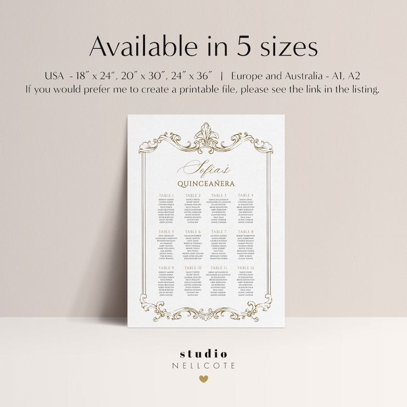 Gold Quinceanera Seating Chart, Hand Drawn Frame Mis Quince 15 Anos ...