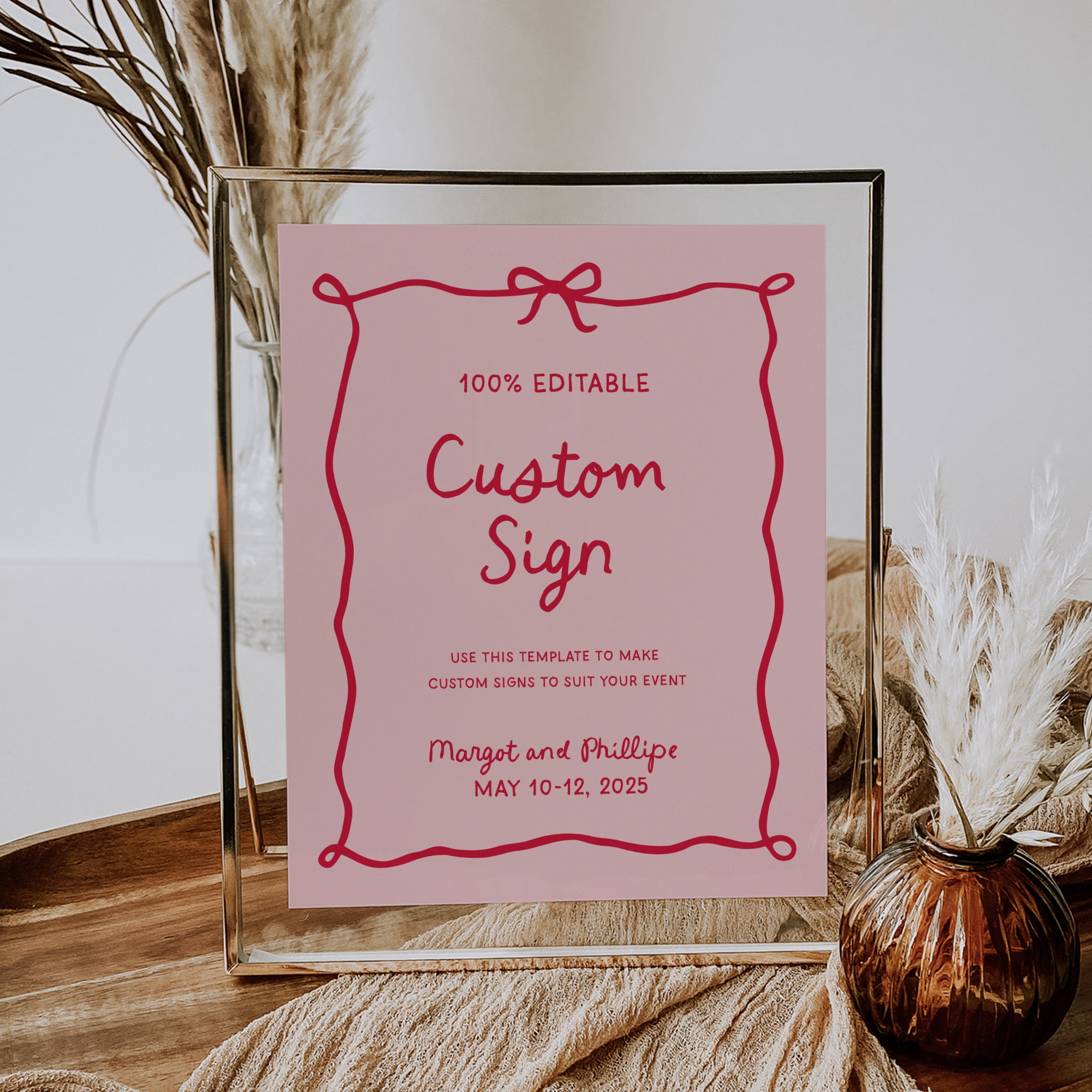 Wavy Custom Sign Template, Editbale Table Signs With Ribbon and Bow ...